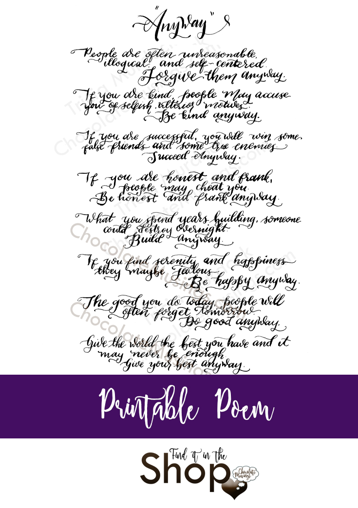 Mother Teresa's Poem "Anyway" | Chocolate Musings by Tricia Murdock